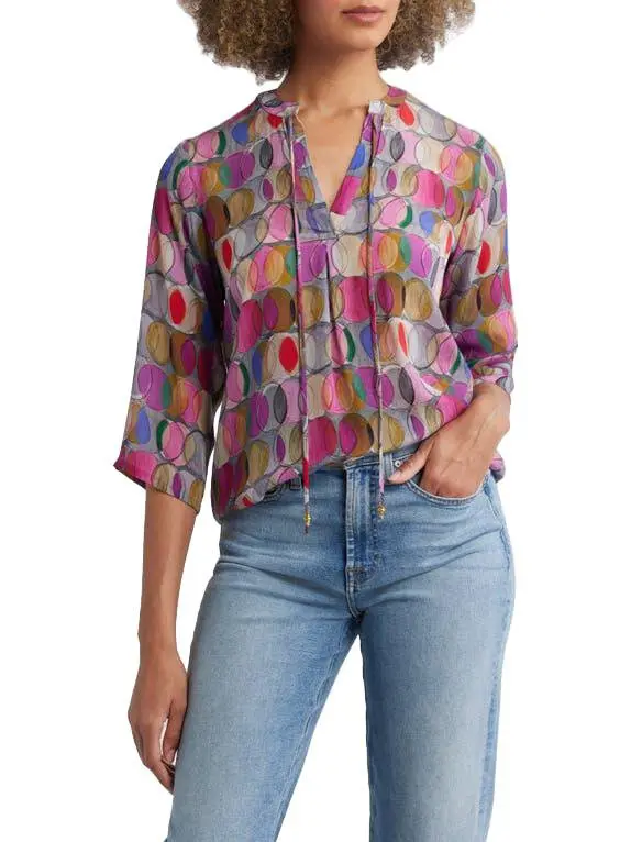 APNY Print Tassel Split Neck Chiffon Top - Multi