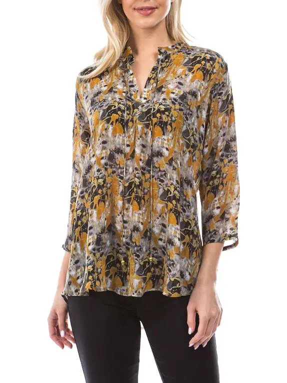 APNY Print Tassel Split Neck Chiffon Top - Yellow/black Multi