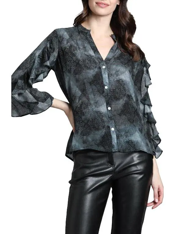 APNY Mixed Print Ruffle Sleeve Shirt - Black Multi