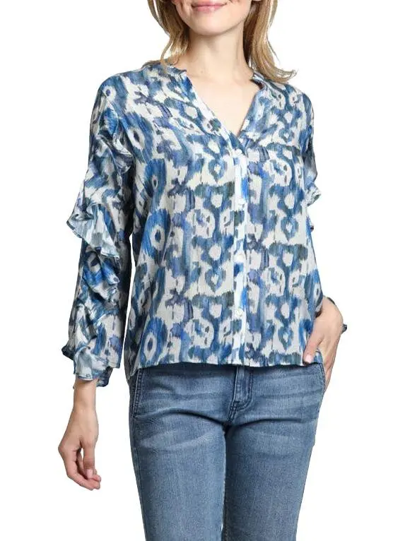 APNY Mixed Print Ruffle Sleeve Shirt - Blue Multi