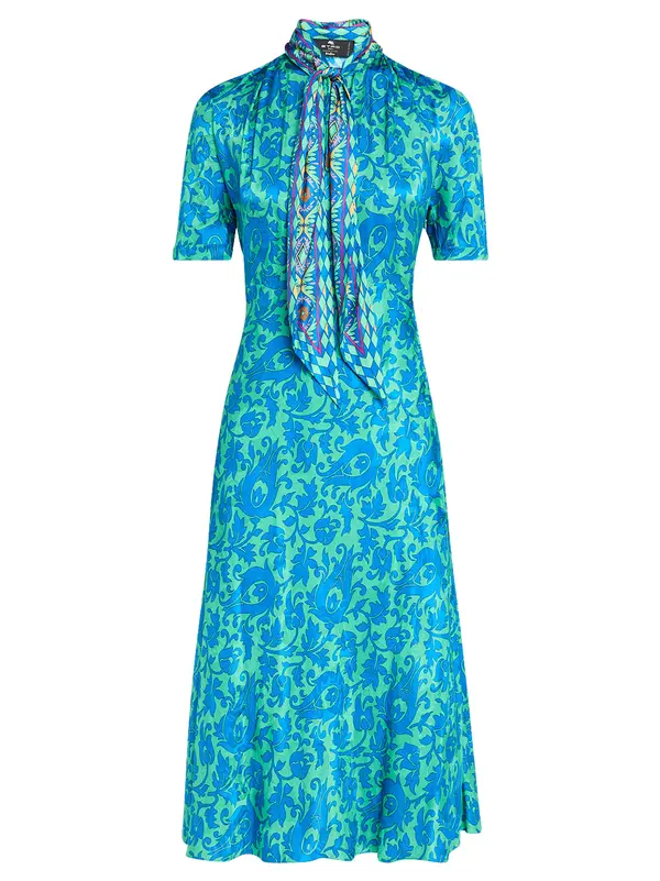 Etro Tile-print Neck-tie Midi Dress - Print On Green Base