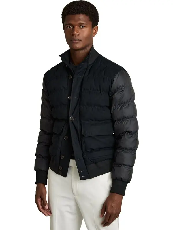 REISS Marsian Quilted Alcantara Jacket - Navy