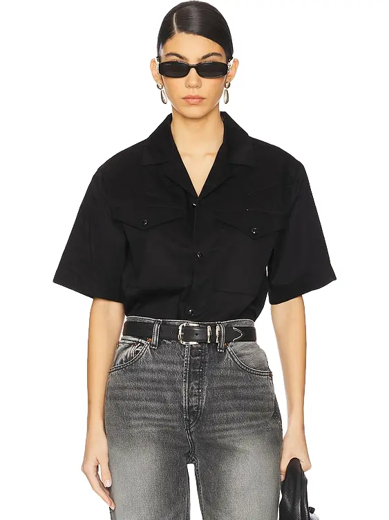 WAO Satin Western Short Sleeve Shirt - Black
