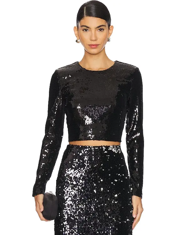 L'Agence Rogan Crop Sequin Long Sleeve Top - Black