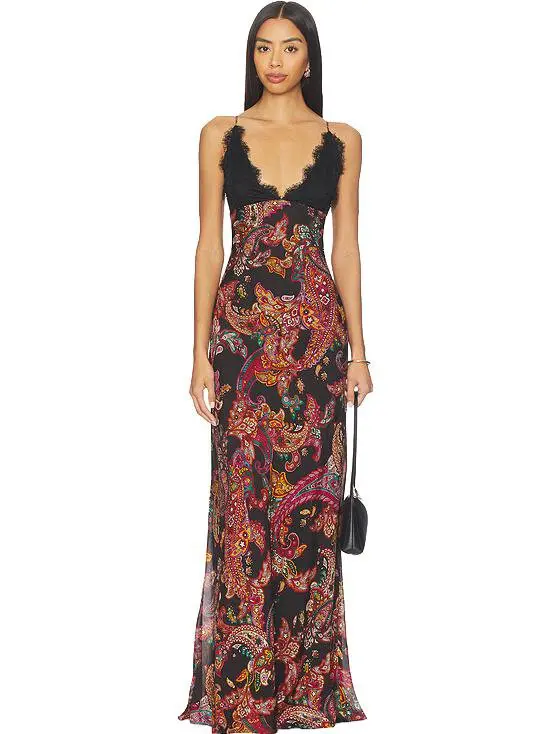 L'Agence Susanna Lace Slip Dress - Black Multi Paisley Scroll