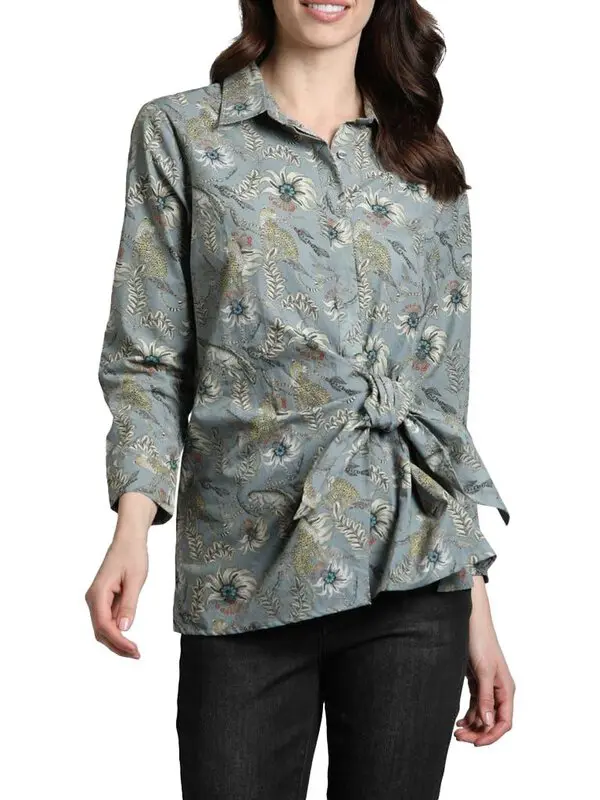 APNY Mixed Print Side Tie Cotton Button-up Shirt - Grey Multi