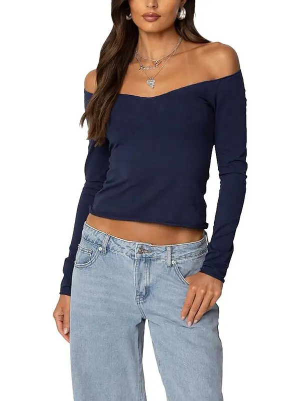 EDIKTED Off Shoulder V Neck Top - Navy
