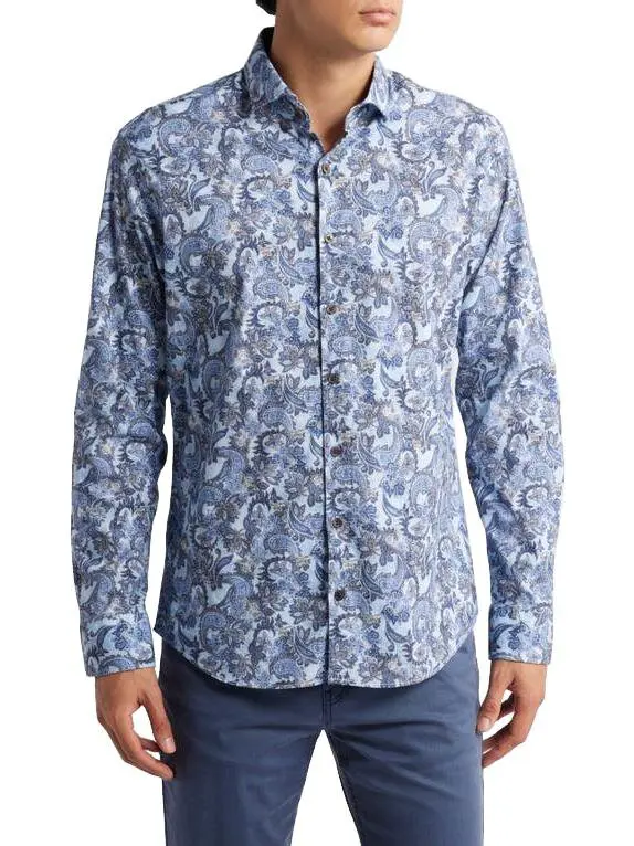 BRAX Harold Paisley Hi Flex Stretch Cotton Button-up Shirt - Smoke Blue