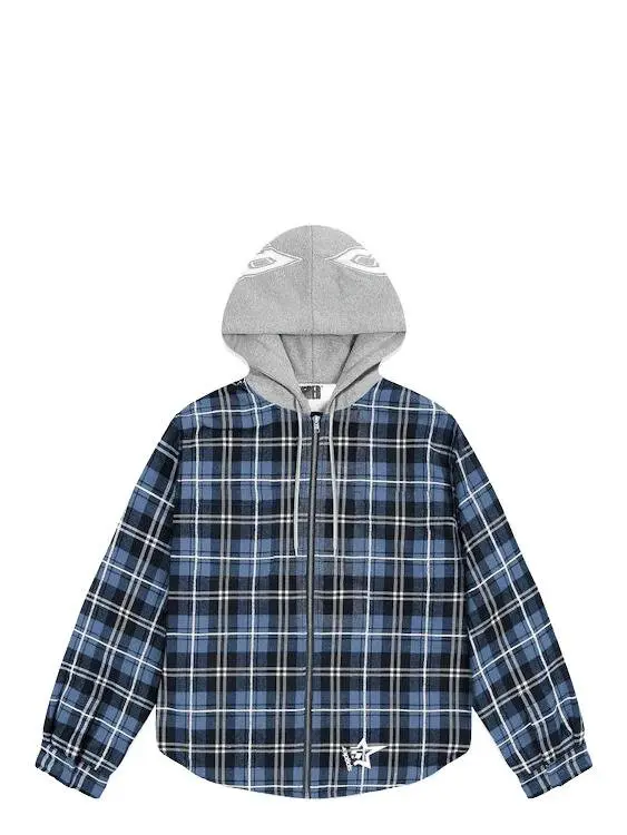 SP5DER Hooded Zip Flannel Shirt Jacket - Blue Plaid