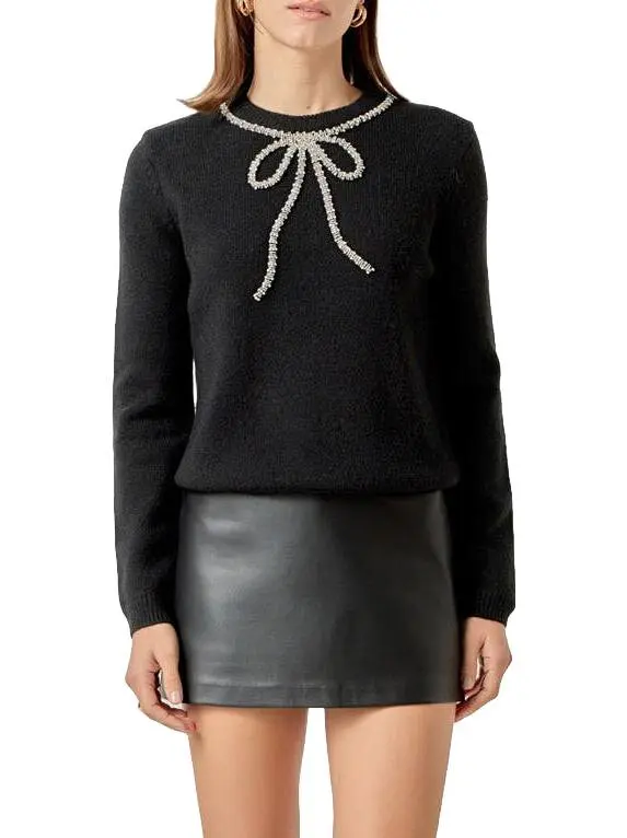 English Factory Rhinestone Bow Sweater - Black