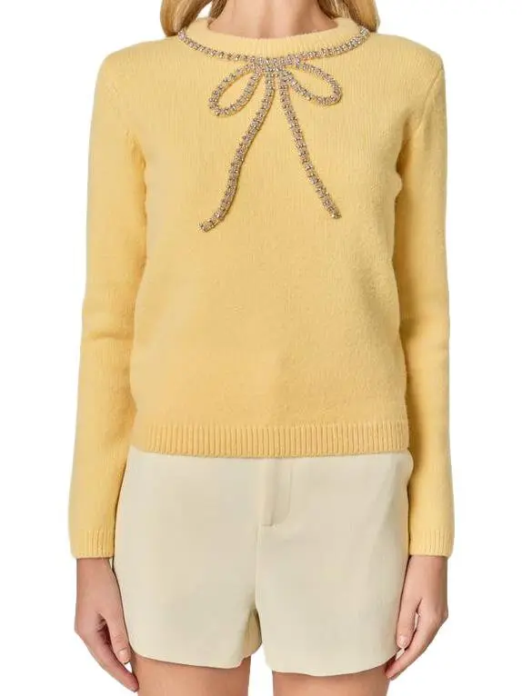 English Factory Rhinestone Bow Sweater - Butter Yellow