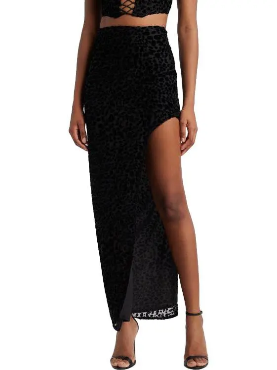 Nasty Gal Leopard Velvet Burnout Slit Skirt - Black