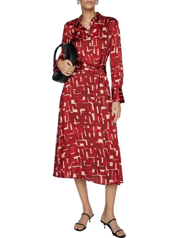 Mango Print Tie Waist Long Sleeve Maxi Shirtdress - Maroon