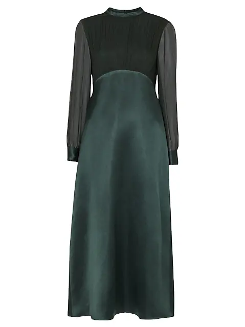 Whistles Gathered-bodice Round-neck Satin Maxi Dress - Dark Green