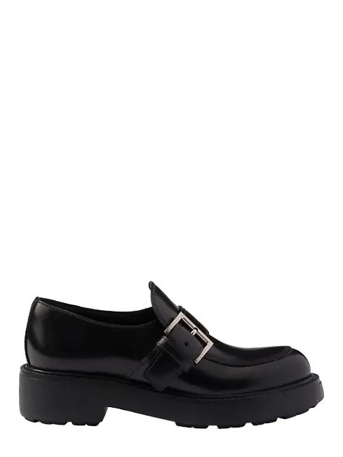 Prada Branded-buckle Brushed Leather Loafers - Black