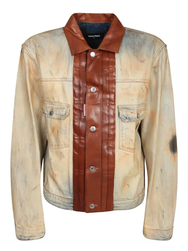 Dsquared2 Faded Denim Jacket With Leather Inserts - Beige
