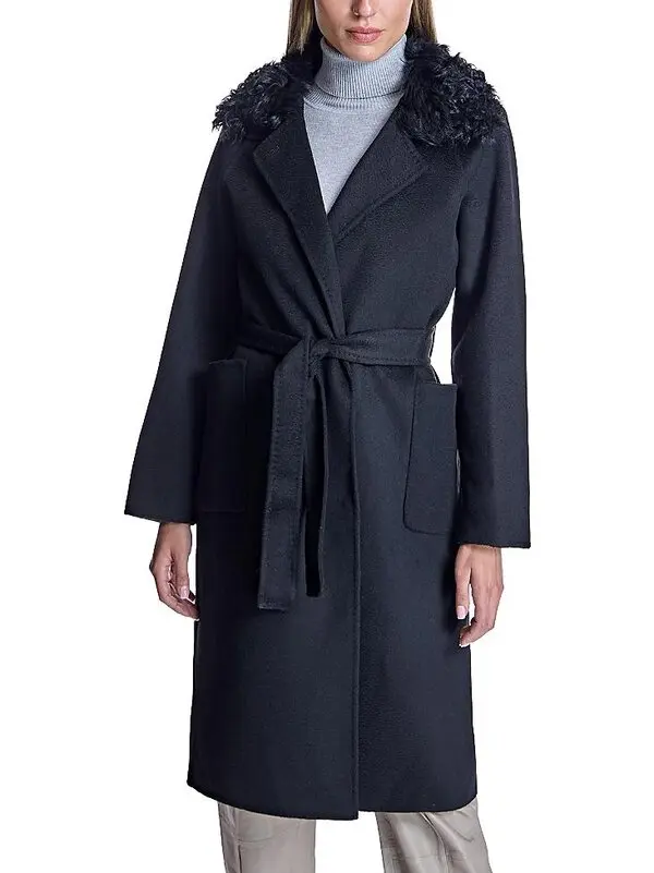MAXIMILIAN Belted Wool Coat With Fur Collar - Black