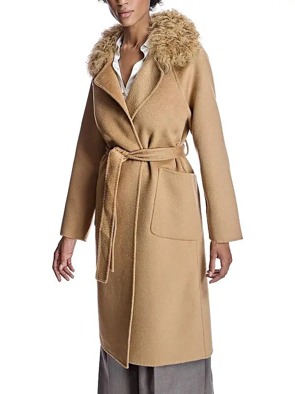 MAXIMILIAN Belted Wool Coat With Fur Collar - Camel