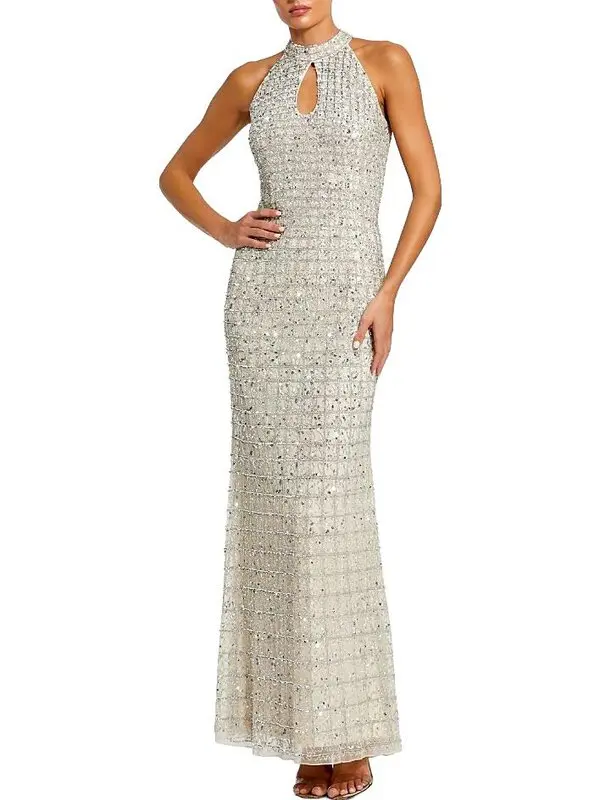 Mac Duggal Embellished Halter Neck Gown - Nude Silver