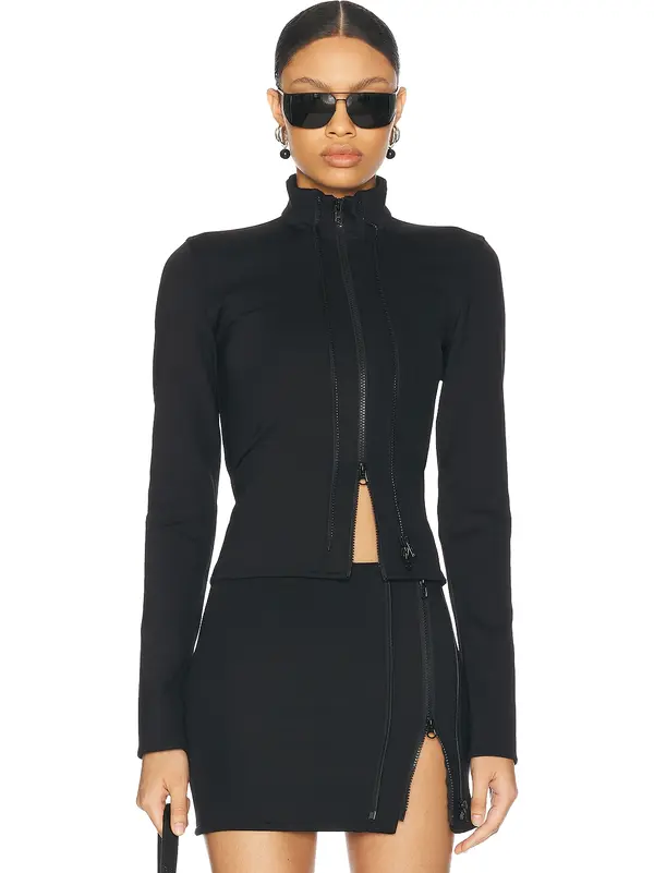 JADE CROPPER Double Zipper Long Sleeve Top - Black