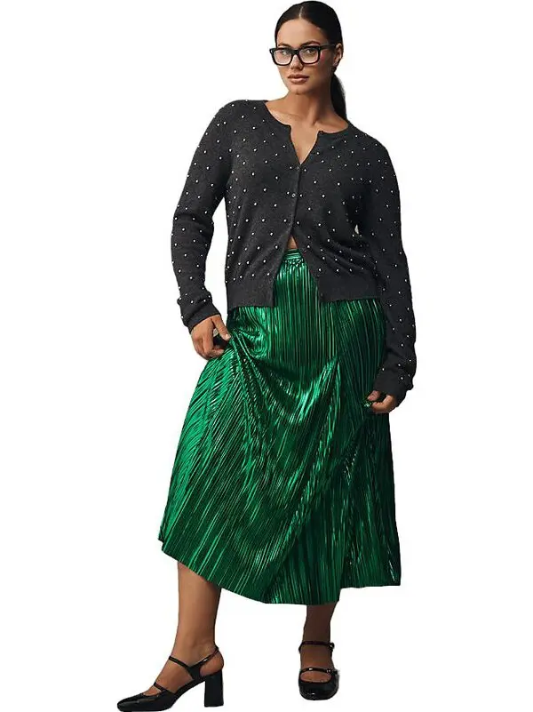 Anthropologie Metallic Pleated Midi Skirt - Emerald Green