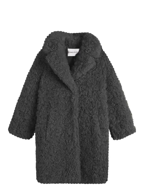 STAND STUDIO Camille Cocoon Midi Faux Fur Coat - Smoke Grey