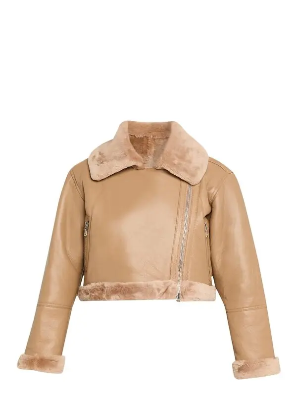 L'Agence Pike Cropped Lambskin Leather Jacket With Shearling Trim - Chanterell