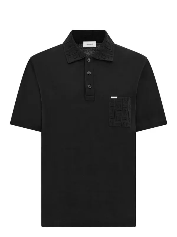 FERRAGAMO V-neck Polo With Jacquard Pocket Detail - Black