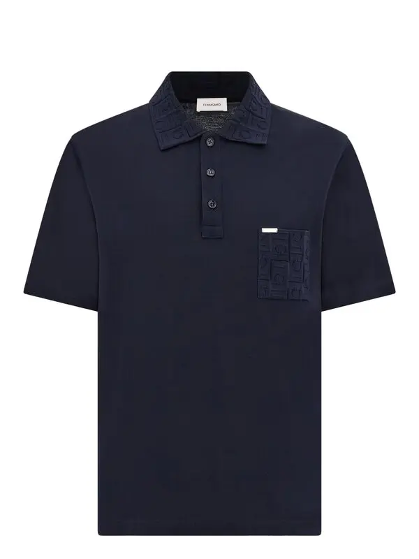 FERRAGAMO V-neck Polo With Jacquard Pocket Detail - Blue