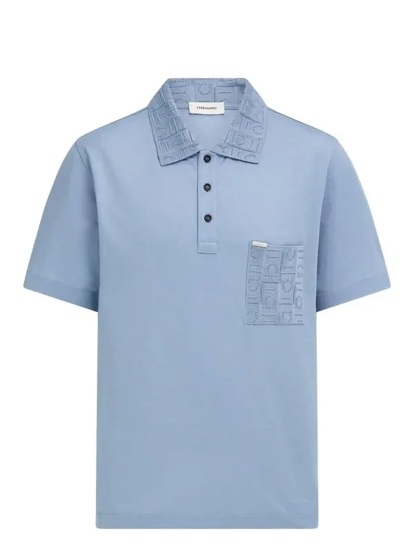FERRAGAMO V-neck Polo With Jacquard Pocket Detail - Blue