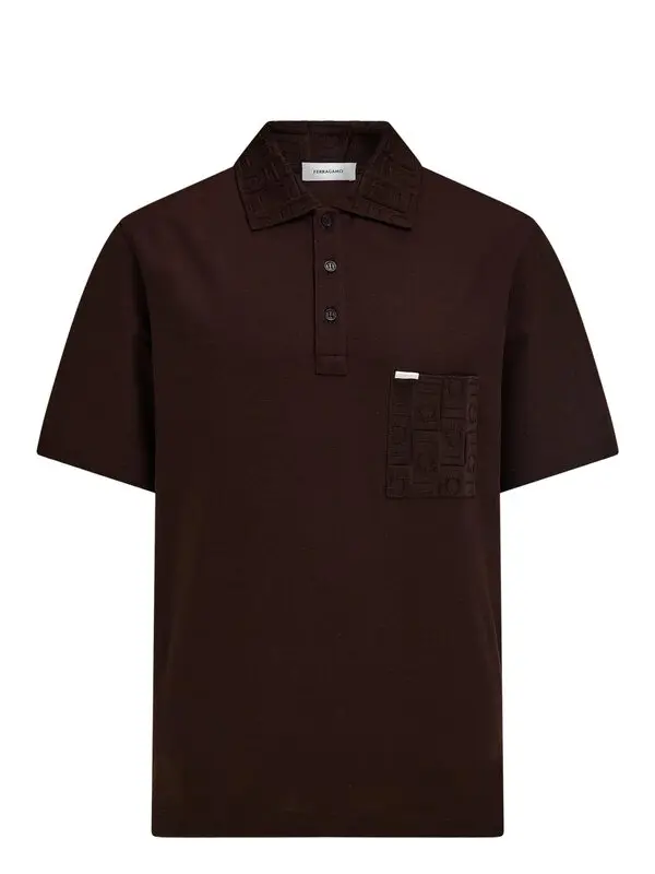FERRAGAMO V-neck Polo With Jacquard Pocket Detail - Brown