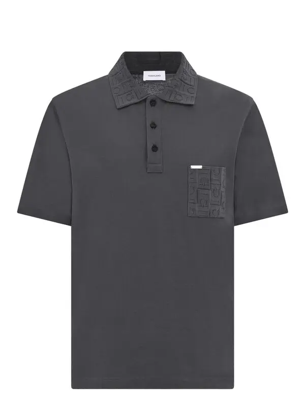 FERRAGAMO V-neck Polo With Jacquard Pocket Detail - Grey