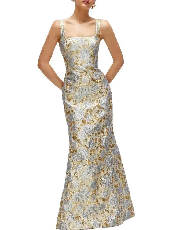 Dessy Collection Metallic Floral Brocade Trumpet Gown - Winter Mist