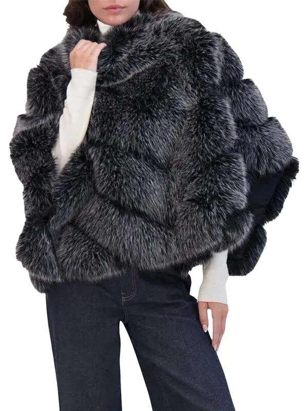 Theia Chevron Fox-like Faux Fur Cape - Black