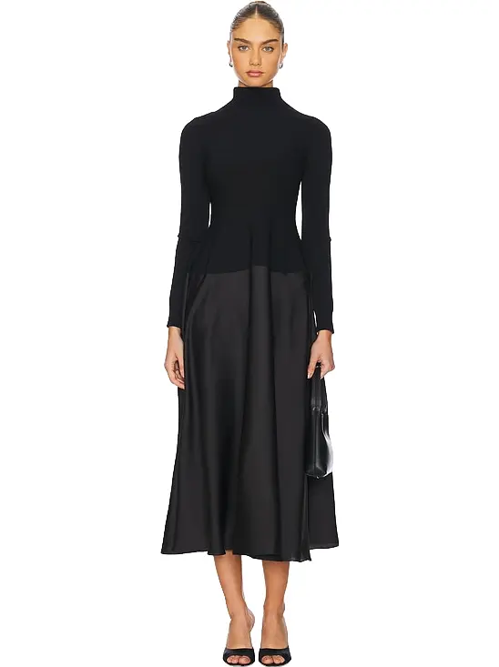 Simkhai Frances Long Sleeve Satin Combo Midi Dress - Black