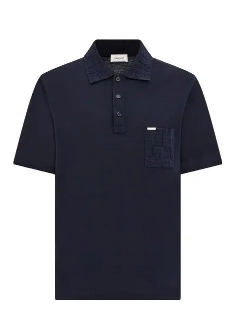 FERRAGAMO V-neck Polo With Jacquard Pocket Detail - Navy