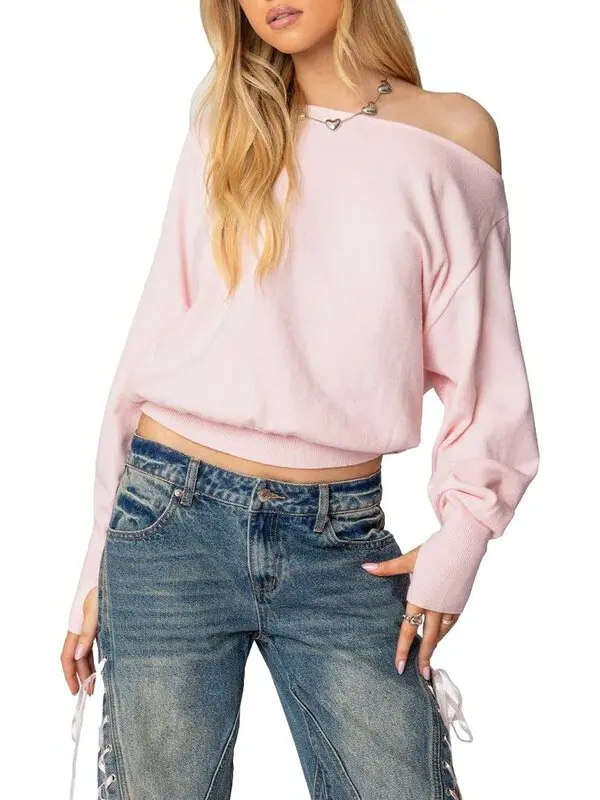 EDIKTED Oversized Off-the-shoulder Pullover Sweater - Light-pink