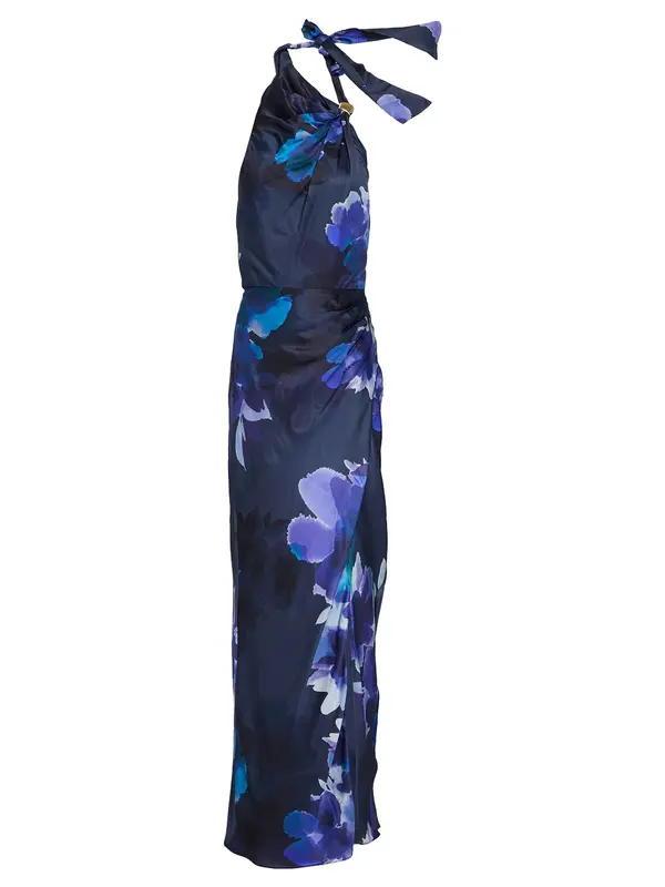 NICHOLAS Printed Satin Halterneck Maxi Dress - Navy