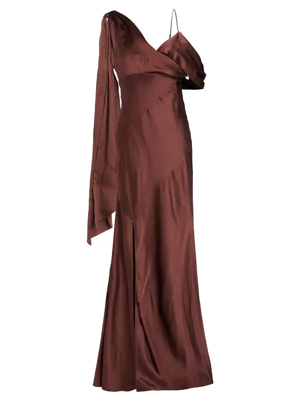 NICHOLAS Asymmetric Draped Silk-blend Satin Maxi Dress - Brown