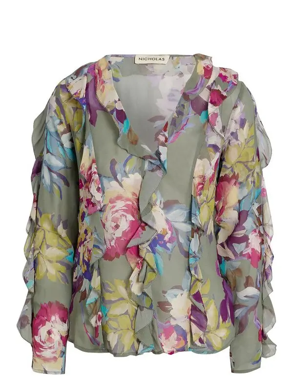 NICHOLAS Ruffled Floral-print Silk-chiffon Blouse - Grey Green