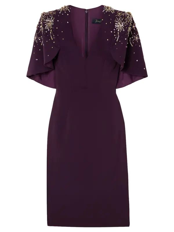 Jenny Packham Cape-effect Embellished Stretch-cady Midi Dress - Purple