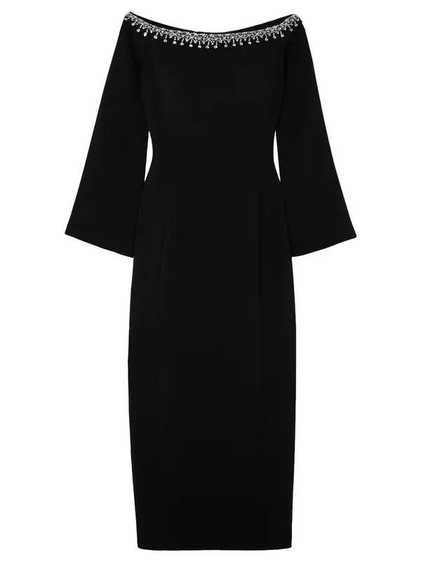 Jenny Packham Off-the-shoulder Embellished Cady Midi Dress - Black
