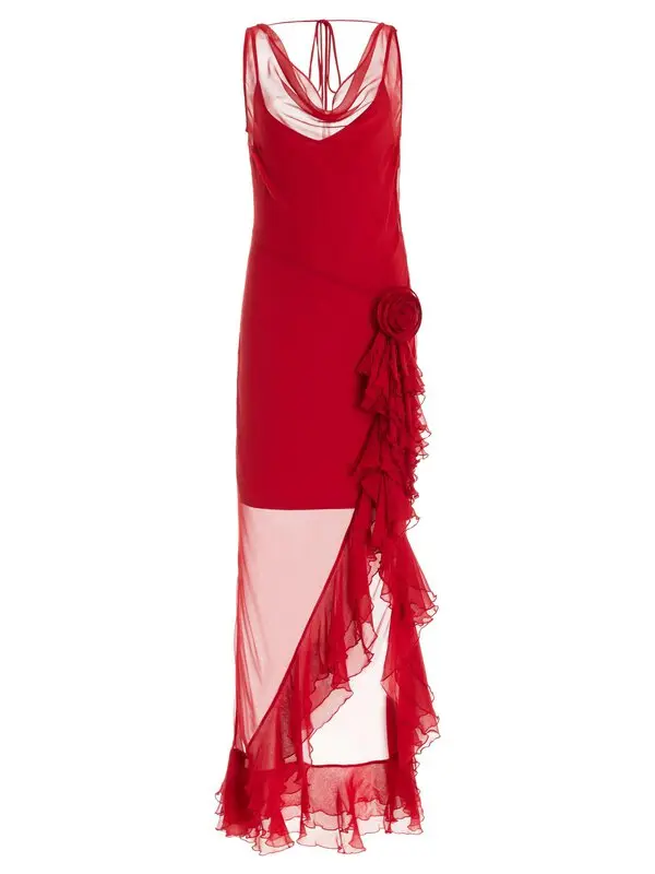 DE LA VALI Azura Ruffled Chiffon Midi Dress - Red