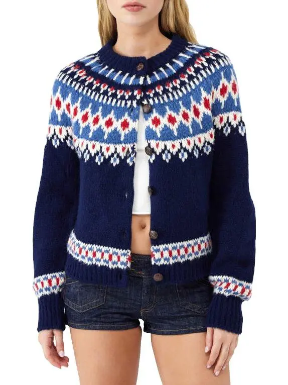BDG URBAN OUTFITTERS Fair Isle Boxy Cardigan - Navy
