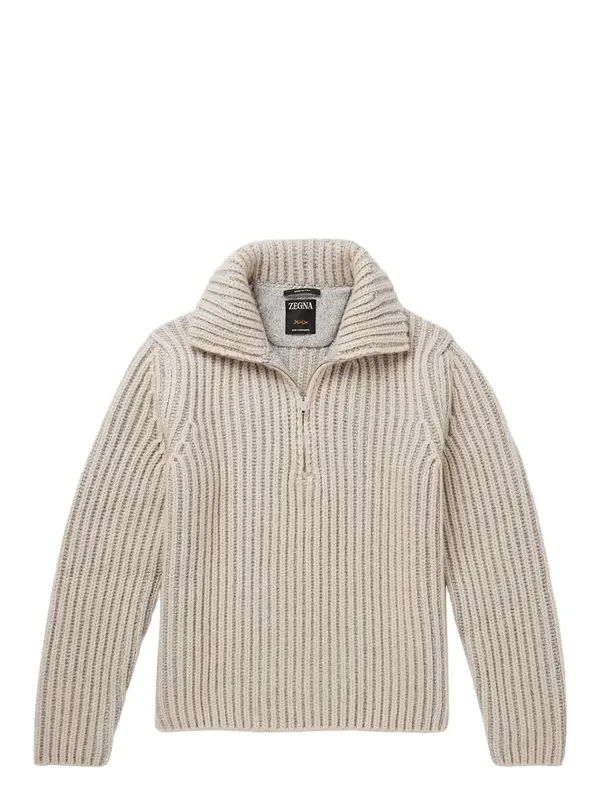 Zegna Ribbed Oasi Cashmere Half-zip Sweater - Neutrals