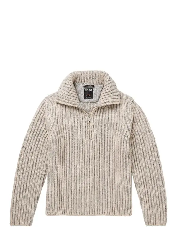 Zegna Ribbed Oasi Cashmere Half-zip Sweater - Neutrals