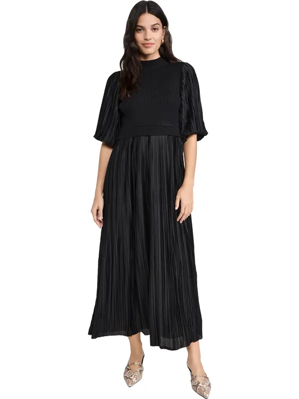 English Factory Pleated Mix Media Maxi Dress - Black