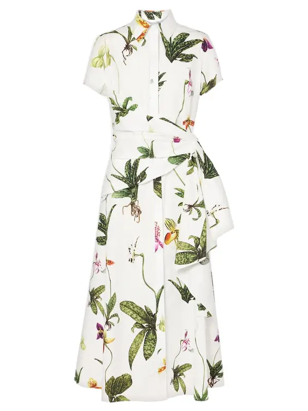 Oscar De La Renta Orchid Gathered Poplin Midi Dress - White