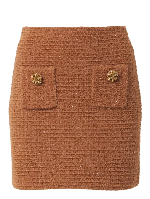 SELF-PORTRAIT Waffle-knit Embellished Pencil Skirt - Brown