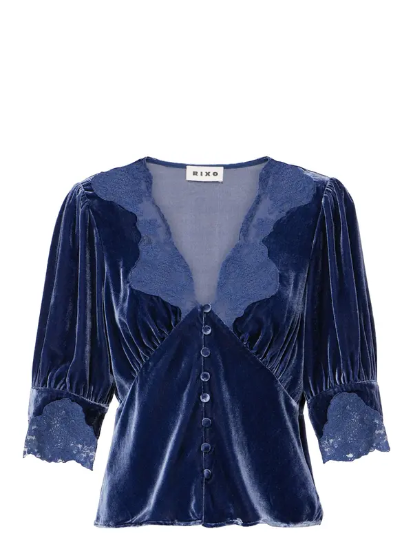 Rixo Amanda Lace-trimmed Velvet Top - Blue